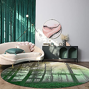 Ombre Yellow and Green Nature Forest Tree Fog Round Area Rugs Collection 5', Forest Fantasy Fog Magic Woodland Indoor Circular Throw Runner Rug Floor Mat Carpet for Living Room Bedroom Nursery Decor