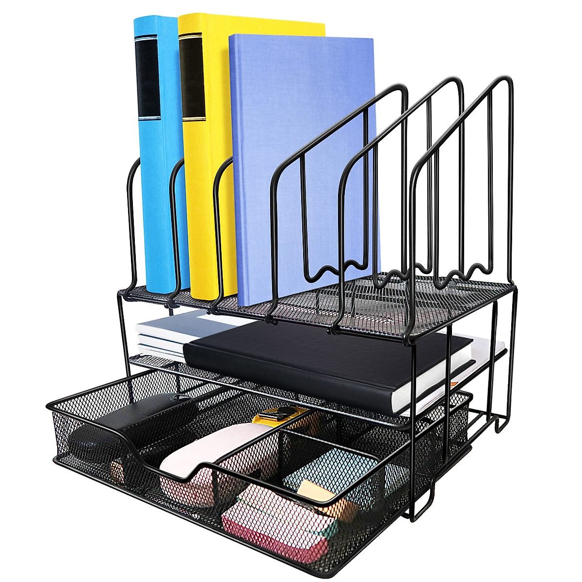 Desk File Organizer with Drawer Anyyuk Office Supplies Organizer with Double Tray and 5 Upright File Folder Holders Sections Desktop Organizer for Workspace Home Office School, Black