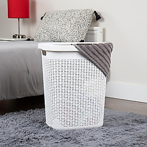 Mind Reader 50L Slim Laundry Hamper, Clothes Basket, Lid, Wicker Design, Plastic, 17.65"L x 13.75"W x 21"H, White