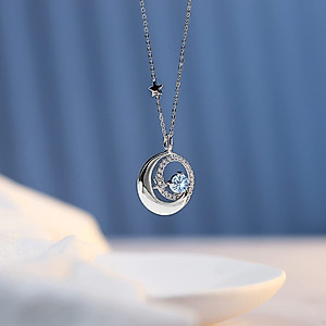 FANCIME Aquamarine Necklace March Birthstone Moon Star Pendant 925 Sterling Silver Blue Fine Jewelry Birthday Anniversary Christmas Gifts for Women Mom Daughter, Adjustable Chain 16+2"