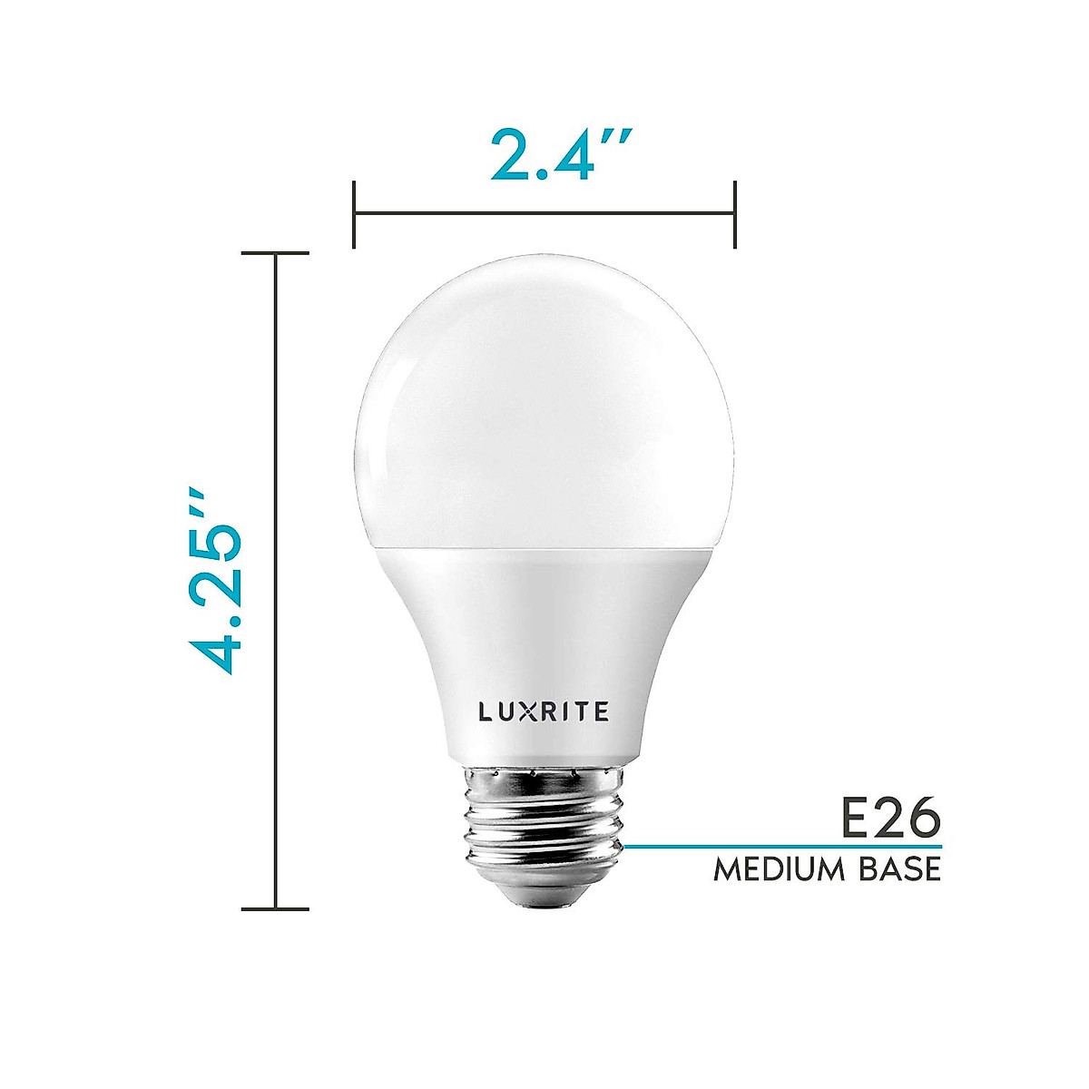 LUXRITE A19 LED Bulb 60W Equivalent, 5000K Bright White, 800 Lumens, Dimmable Standard LED Light Bulbs 9W, Enclosed Fixture Rated, Energy Star, E26 Medium Base - Indoor and Outdoor (24 Pack)