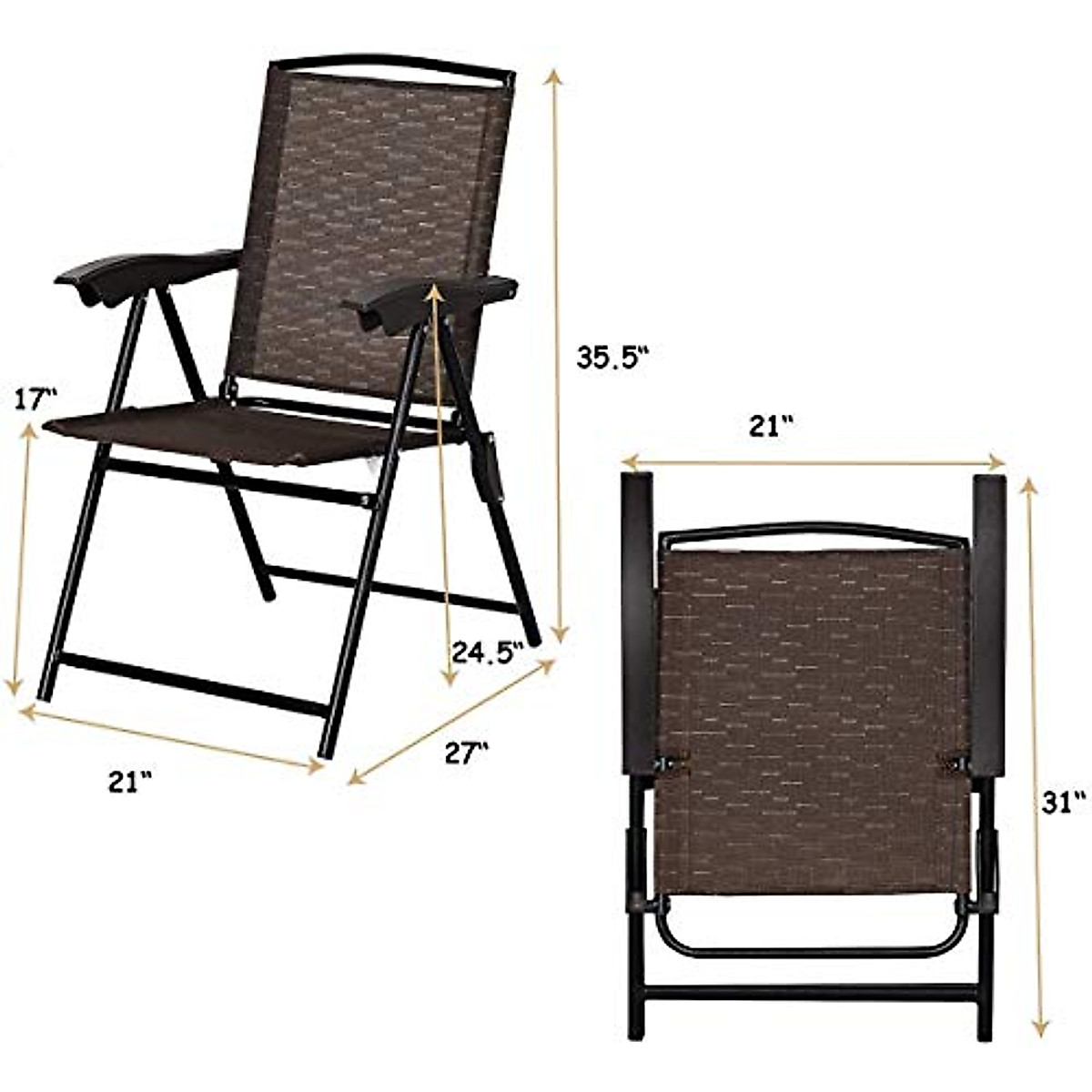 Giantex 2 Pack Patio Folding Chairs, Adjustable Sling Back Chairs with Armrest, Patio Dining Chairs Portable for Lawn Camping Garden Pool Beach Deck, Outdoor Chairs Set of 2