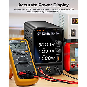 Eventek DC Power Supply, 30V/5A Variable Power Supply with Encoder Adjustment Knob, Memory Switching Bench Power Supply with 4-Digits LED Display, 5V/3.6A USB Output & Banana Plug Lead