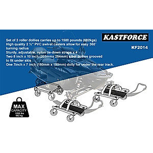 KASTFORCE Snowmobile Dolly Heavy Duty carries up to 1500 lbs (682 kg) V-Slide With 2.5” PVC Swivel Casters Rubber Pad Protecting Skis and 2 Pairs of Heavy Duty Straps Firmly Attaching on Skis KF2014