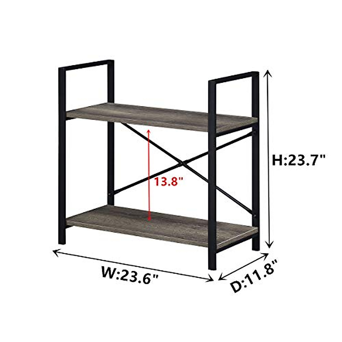 MNEETRUNG Small Bookshelf, 2-Tier Modern Wood Bookcase, Small Kitchen Storage Rack, Industrial Shelf Unit with Metal Frame for Living Room, Bathroom and Office, Ash Grey