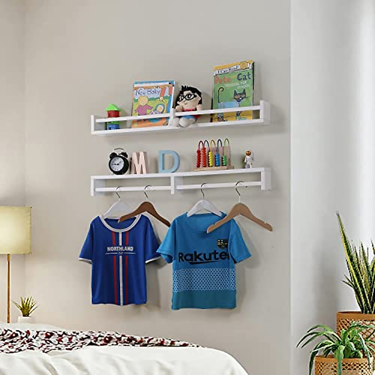 Austin yan White Nursery Bookshelves Wall Mounted, 32inch,Wood Floating Wall Bookshelf for Kids,Hanging Shelf for Baby Nursery Room Decor,Set of 2,Pine