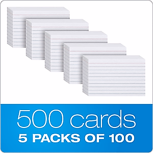 Oxford Index Cards, 500 Pack, 3x5 Index Cards, Ruled on Front, Blank on Back, White, 5 Packs of 100 Shrink Wrapped Cards (40176)
