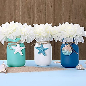 Beach Mason Jar Decor Coastal Table Centerpiece with White Flowers Floral Arrangement Blue Shell Starfishes Slices Summer Sea Farmhouse Tiered Tray Wedding Décor Vases Home Hostess Gift Idea Set of 3
