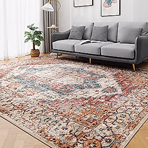 Area Rug Living Room Rugs: 8x10 feet Large Soft Bedroom Carpet Non Shedding Washable Farmhouse Boho Moroccan Throw Accent Rug for Kitchen Dining Room Home Office Under Table Floor - Red/Brown