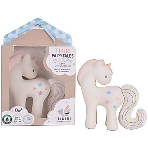 Tikiri Fairytales Cotton Candy Unicorn Natural Rubber Rattle with Crinkle Tail (White)