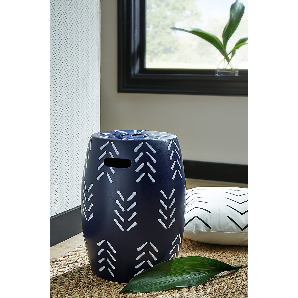 Signature Design by Ashley Genemore Contemporary Geometric Indoor & Outdoor Accent Stool, Blue & White