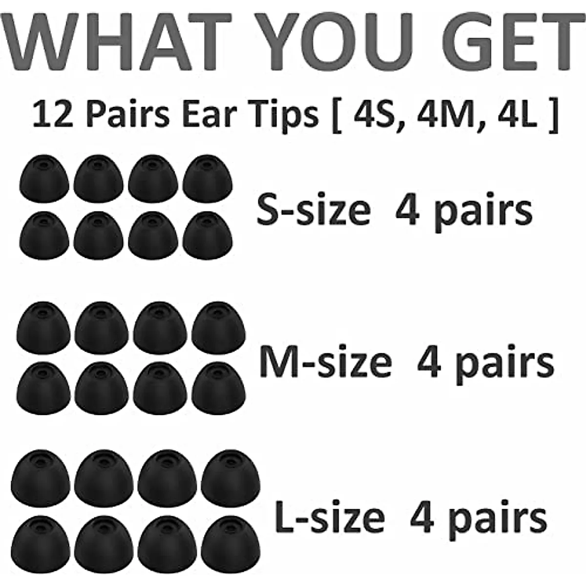 A-Focus 12 Pairs Ear Tips for Galaxy Buds 2 and Galaxy Buds Plus, S M L 3 Size Replacement Silicone Eartips Earbuds Cover Skin Compatible with Samsung Galaxy Buds 2 SM-R177, Black