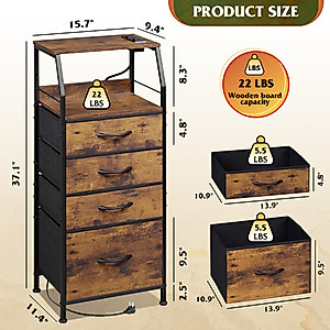 WLIVE 4 Drawer Dresser for Bedroom, Nightstand with Charging Station and Led Light, Tall Night Stand Bed Side Table, End Table with USB Ports and Outlets, Fabric Bins, Wood Shelf, Rustic Brown