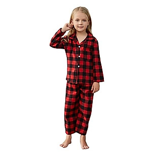 Schbbbta Kids Button Down Sleepwear Pjs Boys & Girls 2 Piece Plaid Pajama Set, Red Black, 4-5T = Tag 120