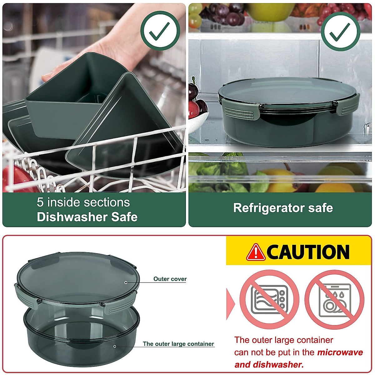 shopwithgreen Divided Serving Tray with Lid, Removable Divided Platter Food Storage Containers with 5 Compartment for Christmas Party, Veggies, Snack, Fruit, Nuts, Candy, Cracker, Chip