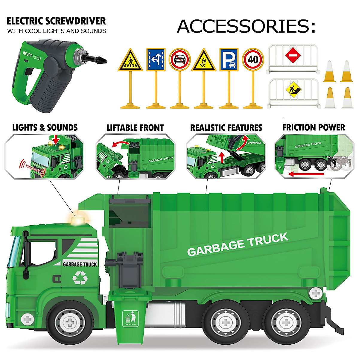 Garbage Truck Toy - 116 Pcs Friction Power Take Apart Toy STEM Toys w/Drill, Push & Go Lights & Sounds, Sanitation Trash Trucks City Vehicle Playset for Kids Toddlers Boys Ages 3 4 5 6 7 8 Years Old