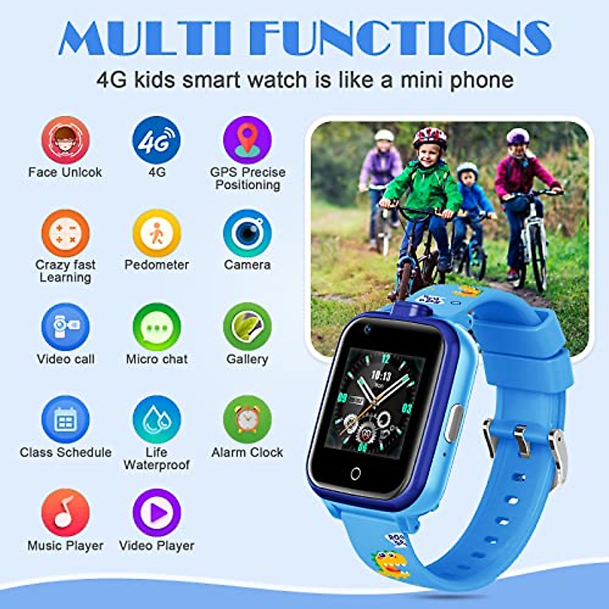 4G GPS Watches for Kids, Smart Watches Children's Mini Cell Phone with Dual Camera, Calling, SOS, Life Water Resistant 2-Style Cartoon Straps for 3-12 Years Boys Girls Birthday Xmas Gifts (Blue)