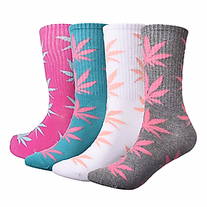 4 Pairs Pack Marijuana Weed Leaf Printed Cotton Athletic Sports High Crew Socks for Women Men (E-4 pairs)