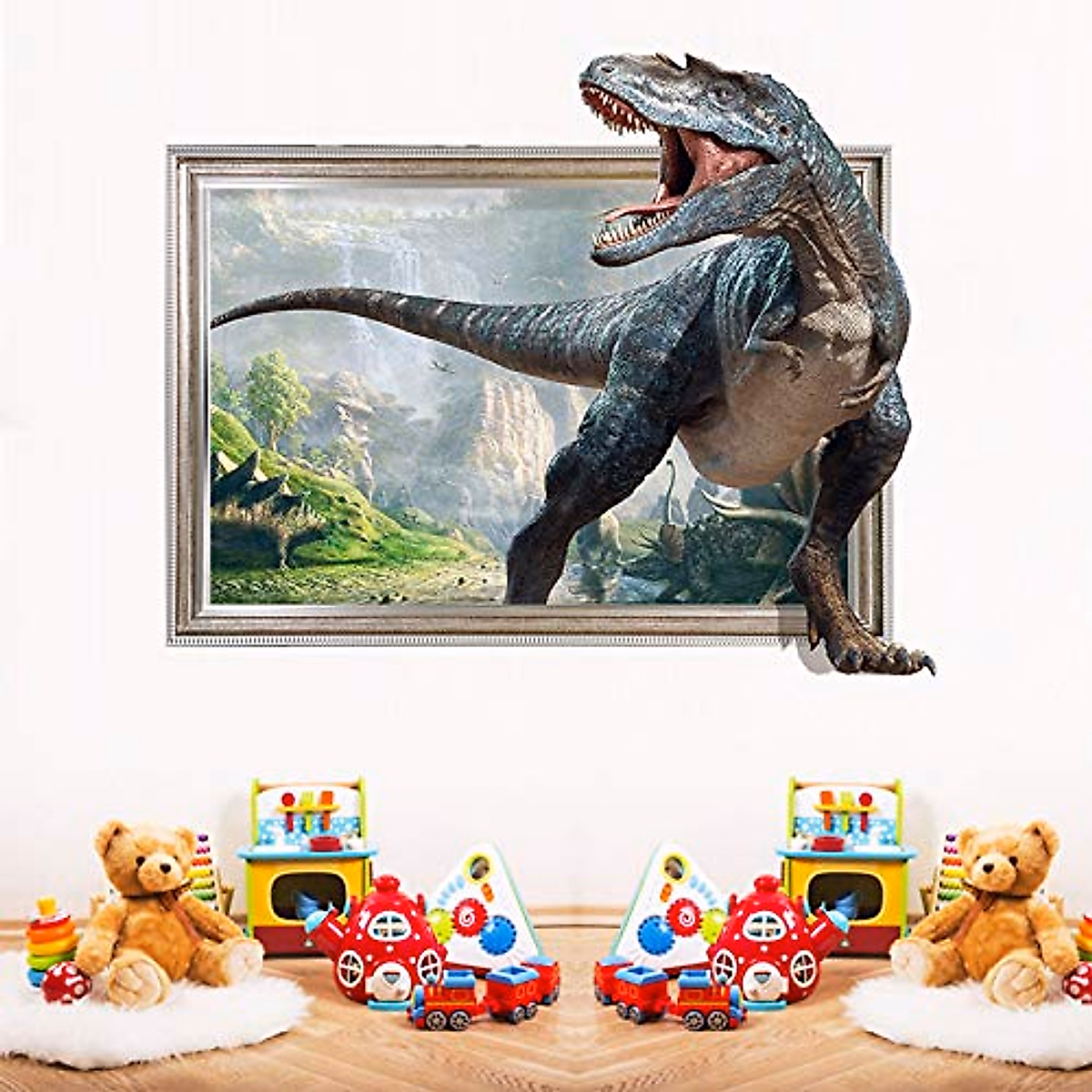 BOSUE SLLXG 3D Dinosaur World Wall Decals Kids Wall Stickers Peel＆Stick Tyranosaurus Home Decor Dinosaur Break Through The Wall Art Murals for Kids Teen Nursery Bedroom Living Room Bathroom Decor