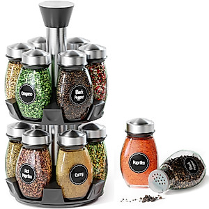 Spice Organizer - Spice Rack Organizer for Cabinet, Seasoning Organizer includes 12 Empty Jars + Labels. Rotating Spice Rack - Compact Herb and Spices Organizer to Fit Cabinets or Countertops