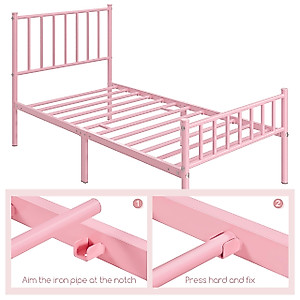 Yaheetech Twin Size Bed Frame Metal Platform Bed Frame Mattress Foundation with Spindle Headboard & Footboard/No Box Spring Needed/14 Inch Underbed Storage/Firm Support & Easy Set up Structure, Pink