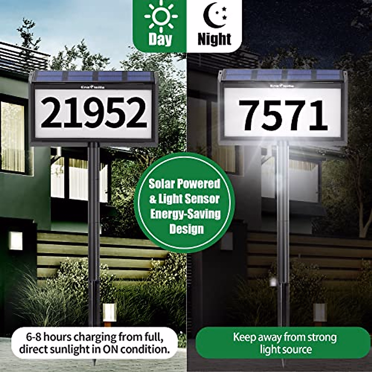Solar Lighted House Numbers for Outside, EnSoleille Waterproof LED Address Signs Wall Mounted & In Ground, Solar Powered Address Plaques with Stakes for House Yard Garden, Innovative Dual Installation