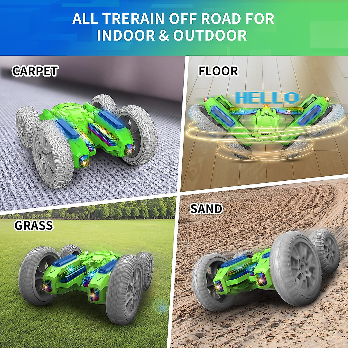DEERC RC Stunt Car W/Flashing Lights,360 Degrees Tumbling & Rotating W/Novelty Luminous Words,4WD Drift High Speed RC Car,2 Sided Remote Control Car for Boys, 2.4G Crawler Toy Gifts for Kids