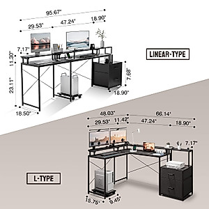 WASAGUN L Shaped Desk with 2 Fabric Drawers, Power Outlet & USB Ports, Corner Gaming Desk with LED Light, Reversible Computer Desk with Monitor Stand & Hook, Home Office Work Desk, Black