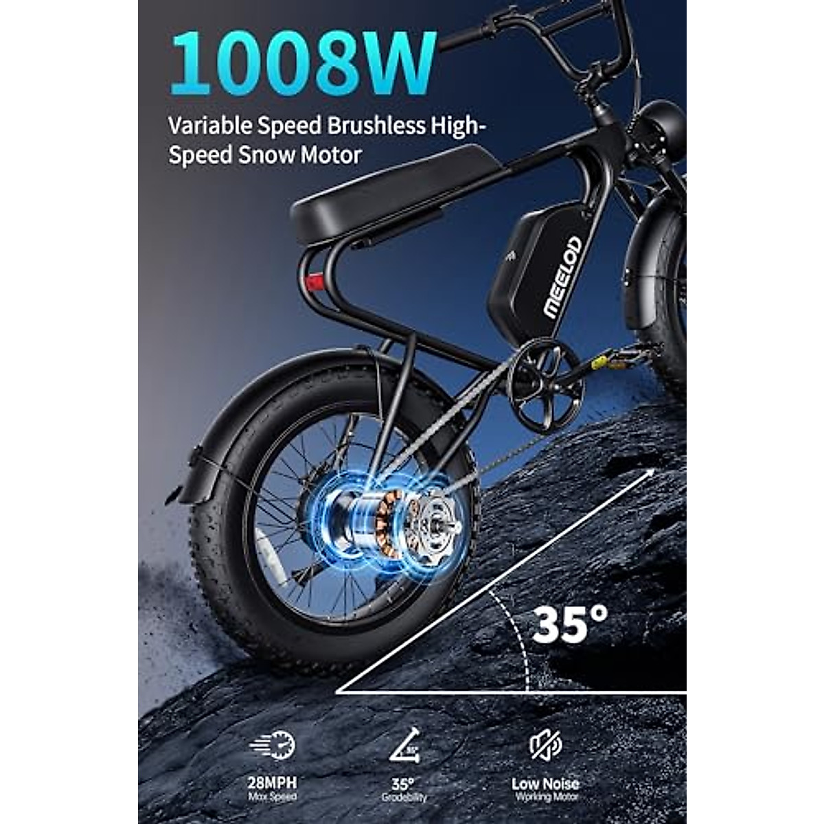 MEELOD Electric Bike for Adults，Electric Mountain Bike 1008W Brushless Motor/ 624Wh Removable Battery, 28MPH 20" Fat Tire Electric Bike (DK200 48V13Ah Black)