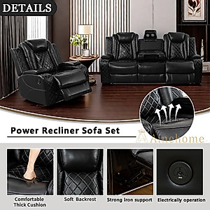 A Ainehome Living Room Furniture Power Recliner Set, Leather Sectional Sofa Set for Living Room, Home Theater, with LED Lights, Hide-Away Storage, Wireless Charging(B-Black,Sofa+Chair)