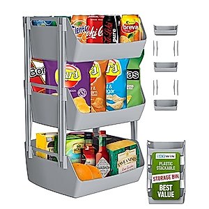 Skywin 3-Tier Plastic Stackable Storage Bins 11.4" x 11" x 19.7" with Brackets for Extra Protection - For Pantry Storage, Kitchen Storage, and Bathroom Storage (Grey)