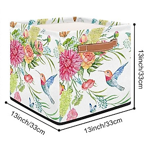 13x13x13 Storage Cube Bins Pink Blue Floral Bird Storage Cubes 13 inch Collapsible Storage Bins Cubby Storage Baskets for Organizing Shelf Cabinet Bookcase Boxes