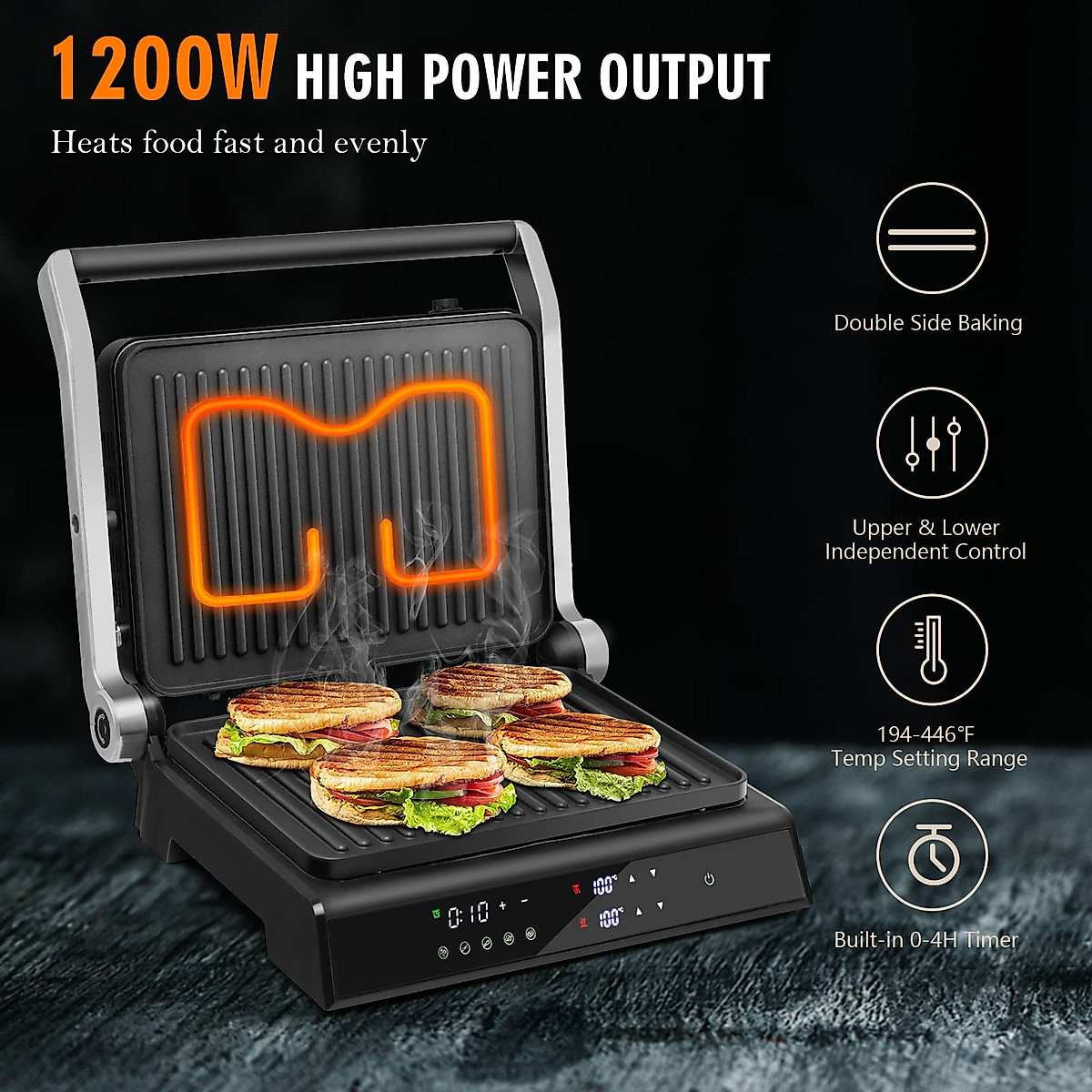 COSTWAY Electric Panini Press Grill, 1200W Sandwich Maker with Non-Stick Double Sided Plates, Independent Temperature Control & Removable Drip Tray, Opens 180 Degrees to Fit Any Size of Food