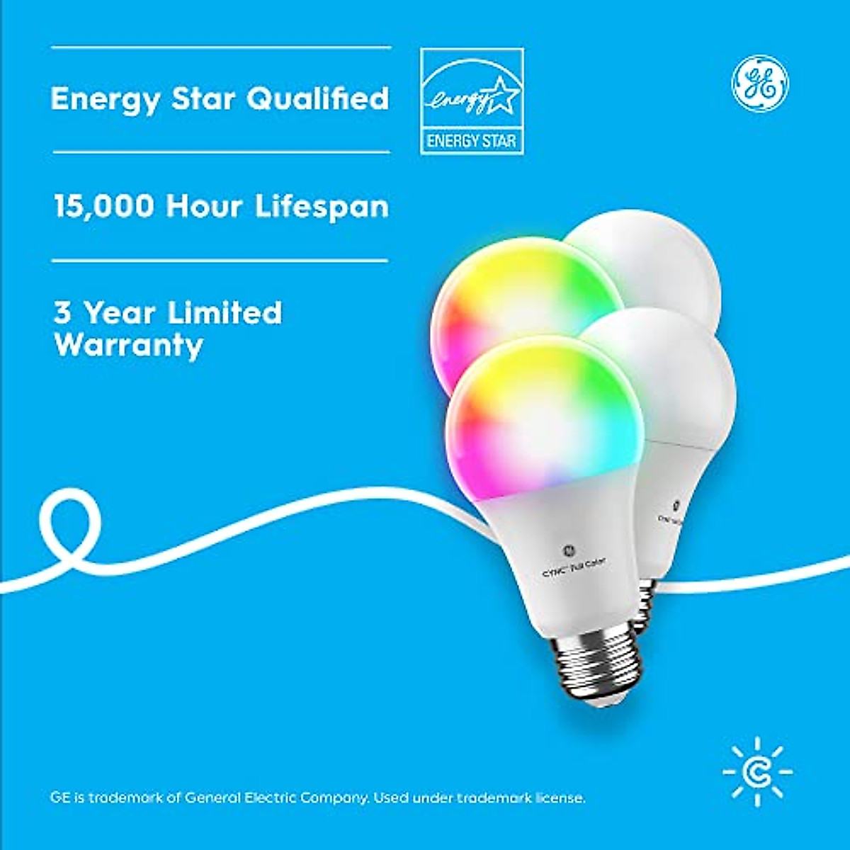 GE CYNC Smart LED Light Bulbs, Color Changing, Bluetooth and Wi-Fi Enabled, Alexa and Google Assistant Compatible, A19 Light Bulbs (4 Pack), 9.5 W