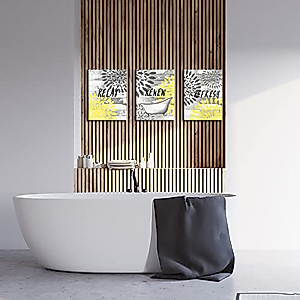 3 Pieces Yellow Relax Bathroom Wall Art Prints Dahlia Flowers Relax Refresh Renew Signs on Rustic Wood Background Stretched and Framed Canvas Pictures For Bedroom Living Room Ready To Hang Each Panel 12x16inch (Small)