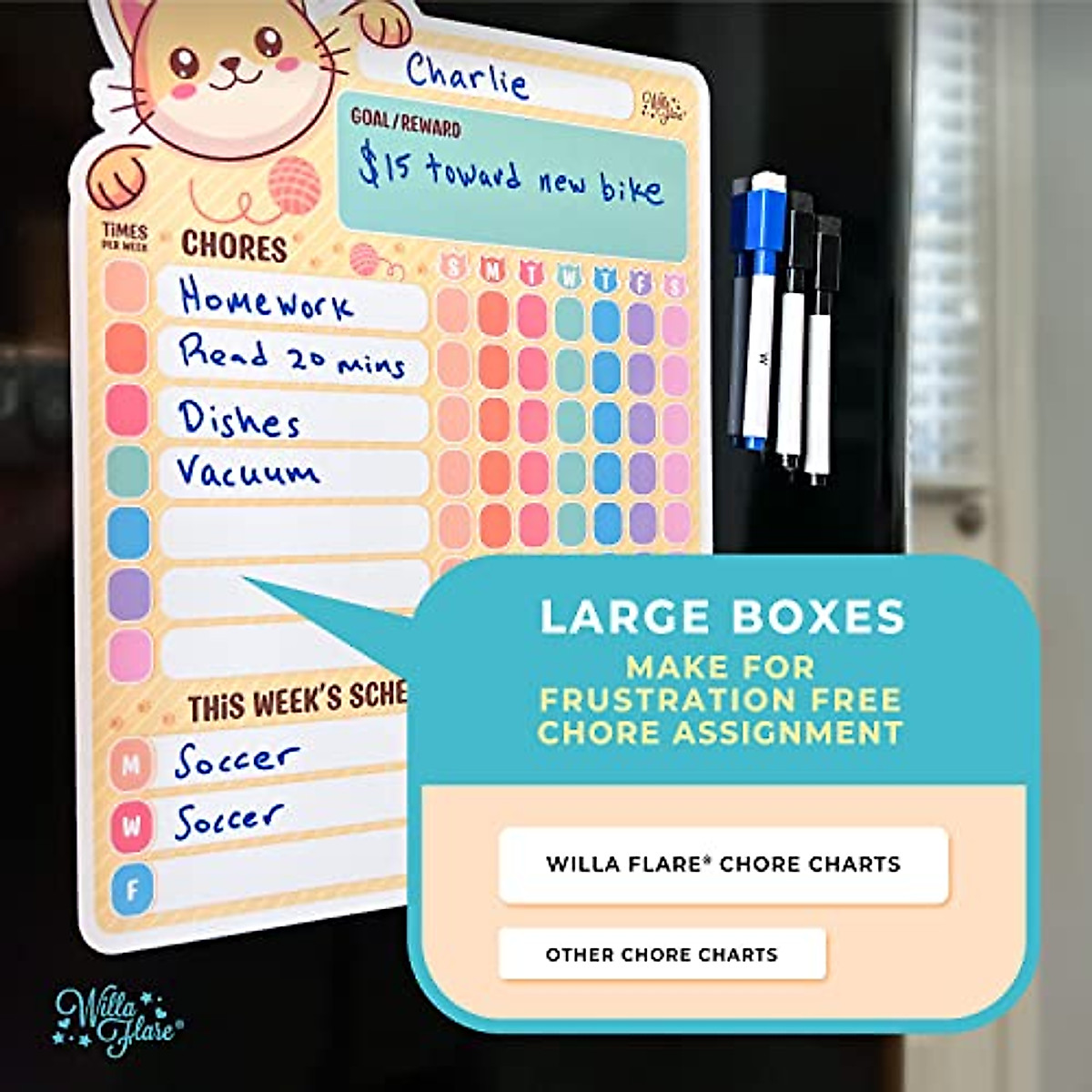 Willa Flare Fridge Chore Charts | Magnetic Chore Chart For Multiple Kids and Adults | Helps to Reward Responsibility with Family Chores Charts | Wet and Dry Markers (Gray Cat Weekly and Brown Ca)