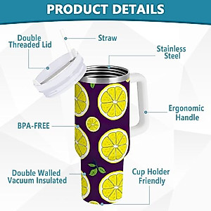 Lemon Purple Stainless Steel Insulated Tumbler with Straw and Handle for Water, Tumbler Insulated 30 OZ / 0.89 L