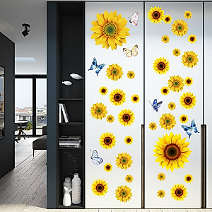 Sunflower Wall Stickers with 3D Butterfly Removable Yellow Flower Wall Decals Waterproof Sunflower Decor Mural for Nursery Baby Kids Bedroom Living Room Bathroom Kitchen Decoration (44 Pcs Yellow)