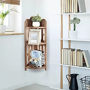Meangood Bathroom Corner Shelf Stand, 3 Tier Solid Wood Display Shelf for Narrow Space, Shower Corner Shelf, Plant Stand Nightstand, for Living Room, Bedroom, Home Office, Elegant Carbonized Black