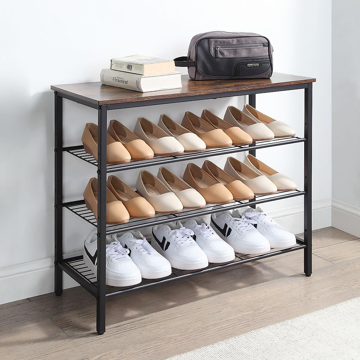 HQXING 4-Tier Shoe Rack Organizer, Metal Mesh Shoe Storage Shelf, for Entryway, Hallway, Closet, Dorm Room, Industrial, Rustic Brown