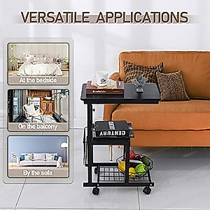 DAYTOYS C Shaped End Table-Movable Sofa Table with Metal Frames-Height Adjustable Sofa Tables with Storage Basket for Living Room, Bedroom, Bedside (Black)