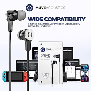 MuveAcoustics Drive Noise Cancelling Headphones Wired Earbuds with Microphone, Best for Computer Gaming Android Phones Corded Earphones with mic, Airplane Travel Case Ear Buds Plug in 3.5mm cord