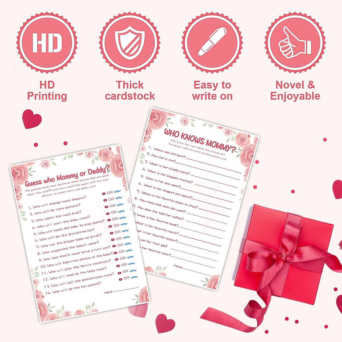 OLOUTAB Baby Shower Games for Girl-2 Games(50 of Each),Who Knows Mommy Best&Guess Who Mommy or Daddy,Double-Sided,Fun,Hilarious and Easy to Play