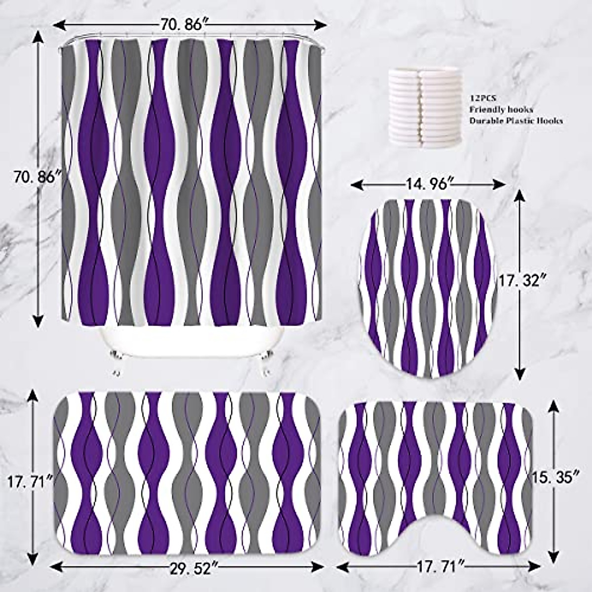 Izayoi 4 Pcs Geometric Shower Curtain Sets Non-Slip Rugs Bath Mat, Toilet Cover, U-Shaped Mat, Abstract Modern Shower Curtain with 12 Hooks, Purplre Bathroom Set