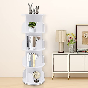 CeRaBuRET White 360° Rotating Bookshelf, 4 Tier Stackable Tall Bookshelf Bookcase with Storage Shelves Floor Standing Bookshelf Display for Living Room, Bedroom and Office, 15.7 * 15.7 * 46.5in