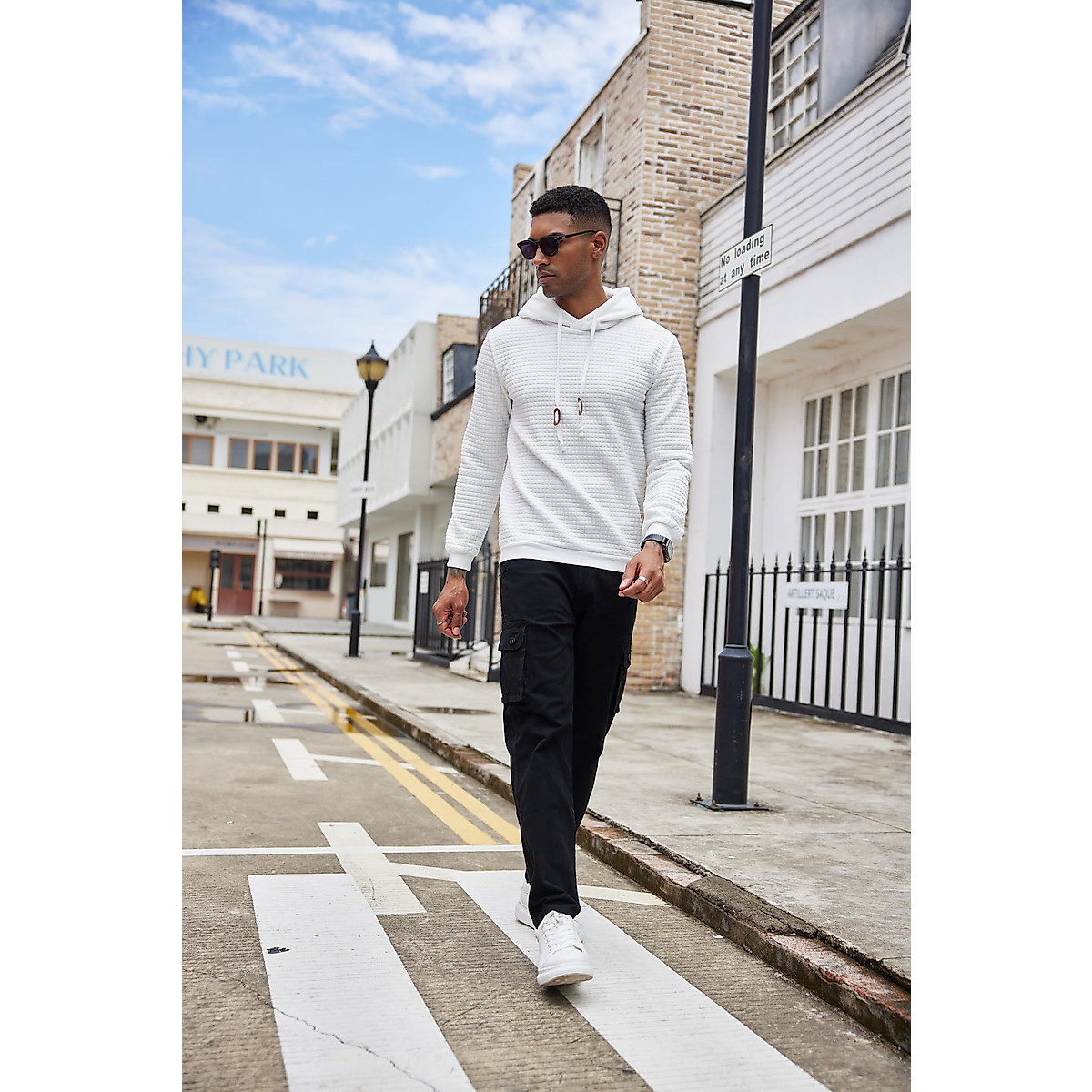 COOFANDY Men's Casual Hoodies Sweatshirt Hipster Gym Long Sleeve Drawstring Plaid Jacquard Pullover Hooded White