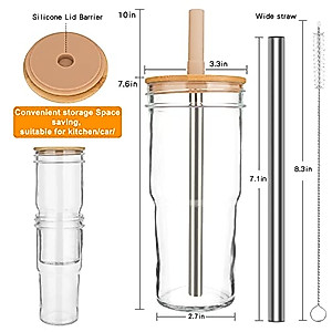 Cafezi 24oz Mason Jar Drinking Glasses with Bamboo Lids and Straws 2 Pack，Reusable Boba Cup Smoothie Tumbler Glass Bubble Tea Cup，Iced Coffee Cup，BPA Free, Dishwasher Safe