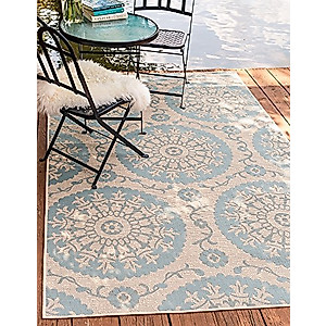 Unique Loom Outdoor Botanical Collection Area Rug - Medallion (5' 3" x 8' Rectangle, Aqua/ Beige)