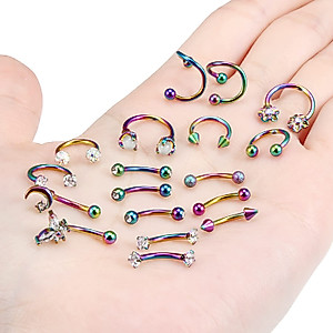 Dyknasz 18Pcs 16G Dragon Claw Horseshoe Daith Earrings for Women Men Rook Helix Piercing Jewelry Stainless Steel Curved Barbell Eyebrow Rings Flower Butterfly Moon CZ Style Rainbow