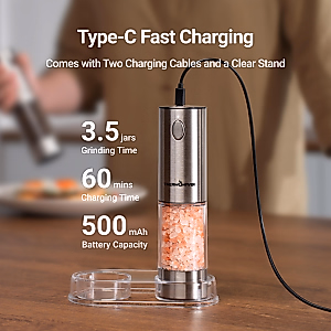 ThermoMaven Electric Salt and Pepper Grinder Set, 2.5 Oz Larger Rechargeable Automatic Salt and Pepper Mill Grinder with 6 Adjustable Coarseness, Electric Salt and Pepper Shakers, LED, 2 Packs, Silver